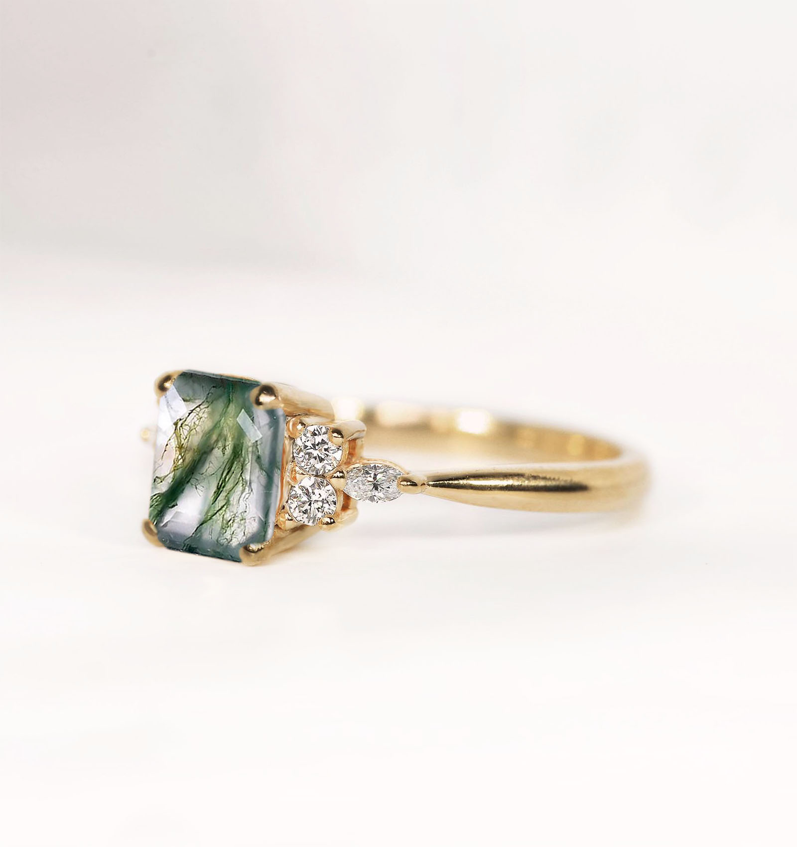 Emerald cut moss agate Bridal engagement ring - DIORAH JEWELLERS