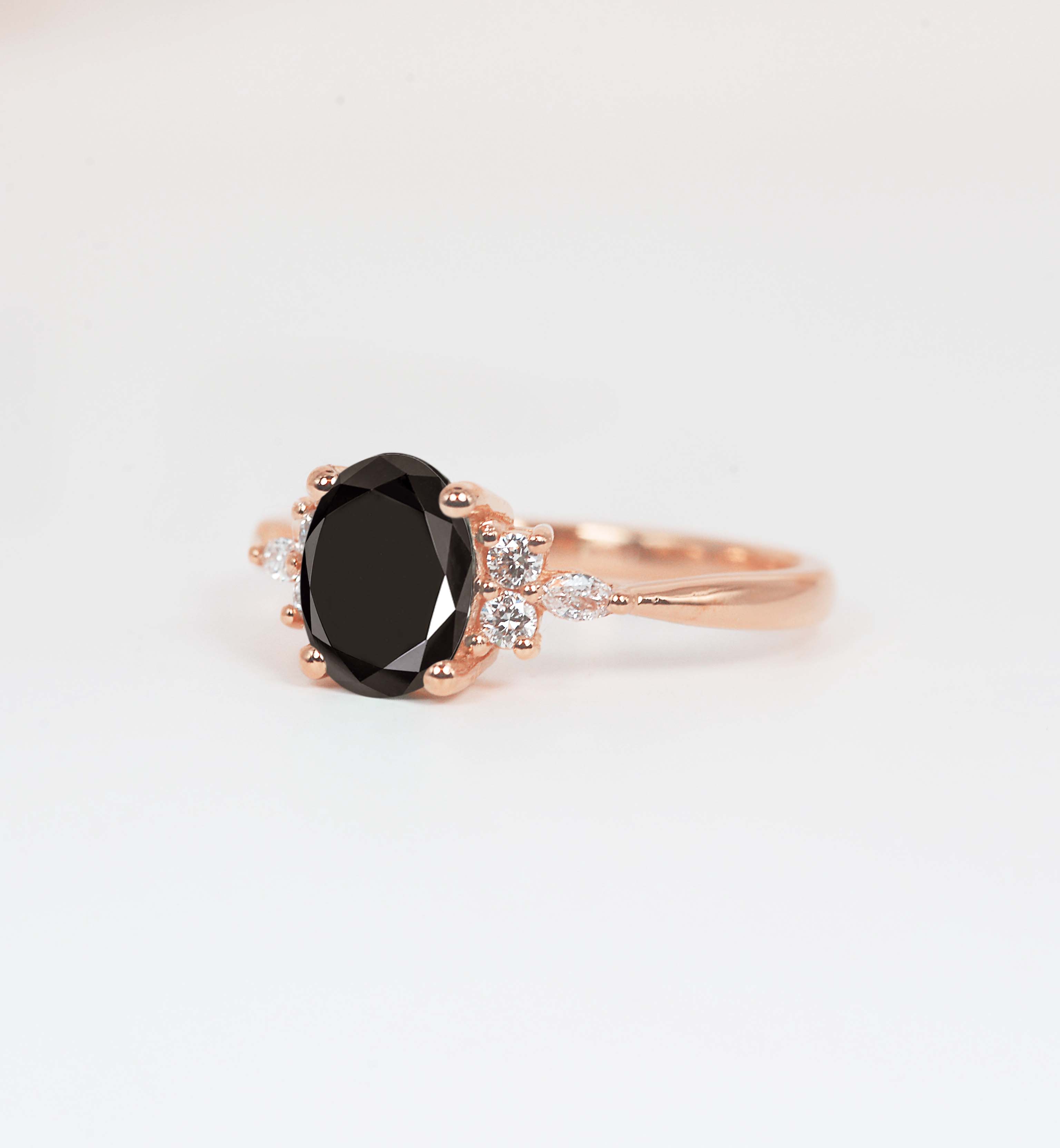 Oval black diamond dainty ring with marquise diamonds - DIORAH JEWELLERS