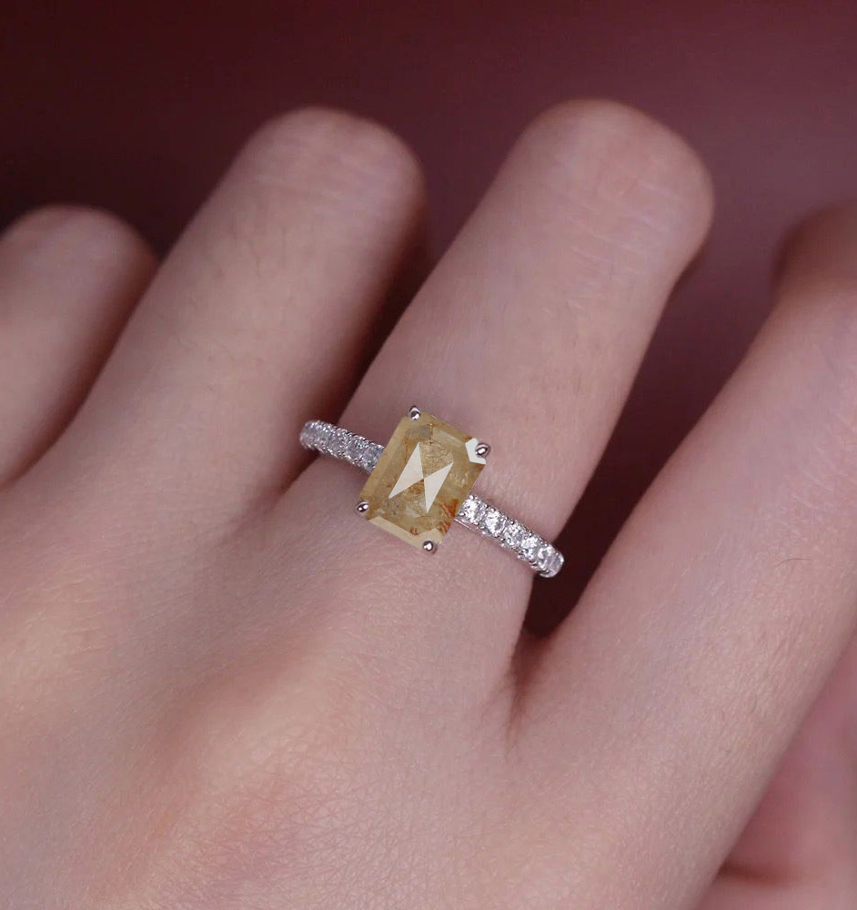 emerald cut rustic diamond ring in vintage style - DIORAH JEWELLERS