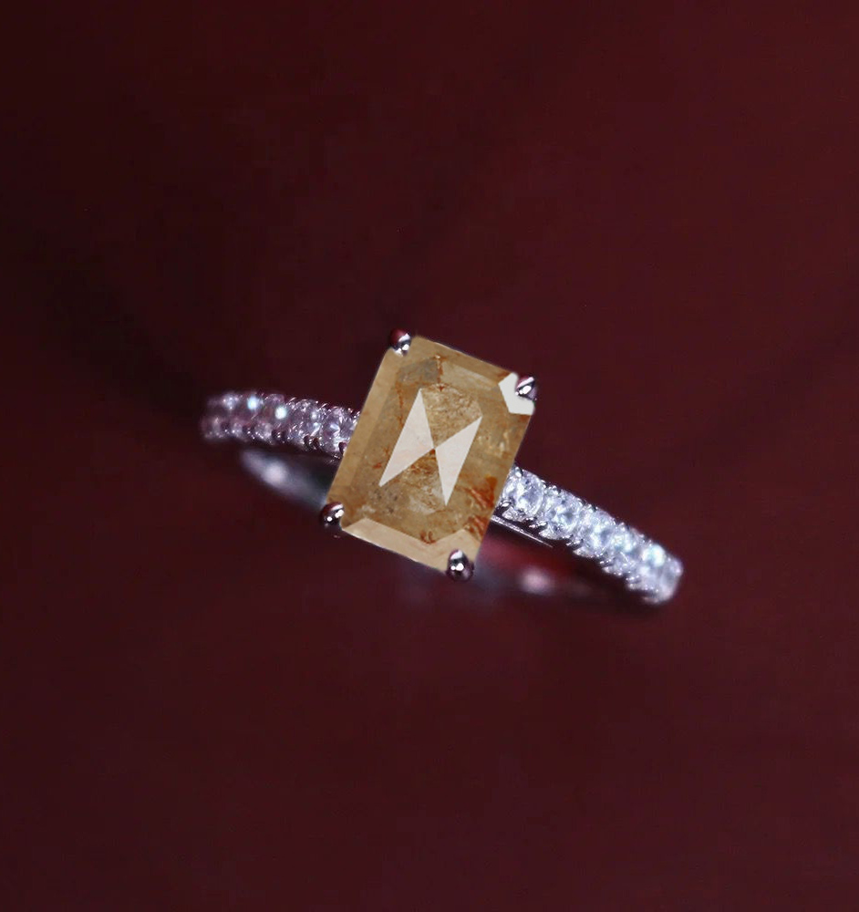 emerald cut rustic diamond ring in vintage style - DIORAH JEWELLERS