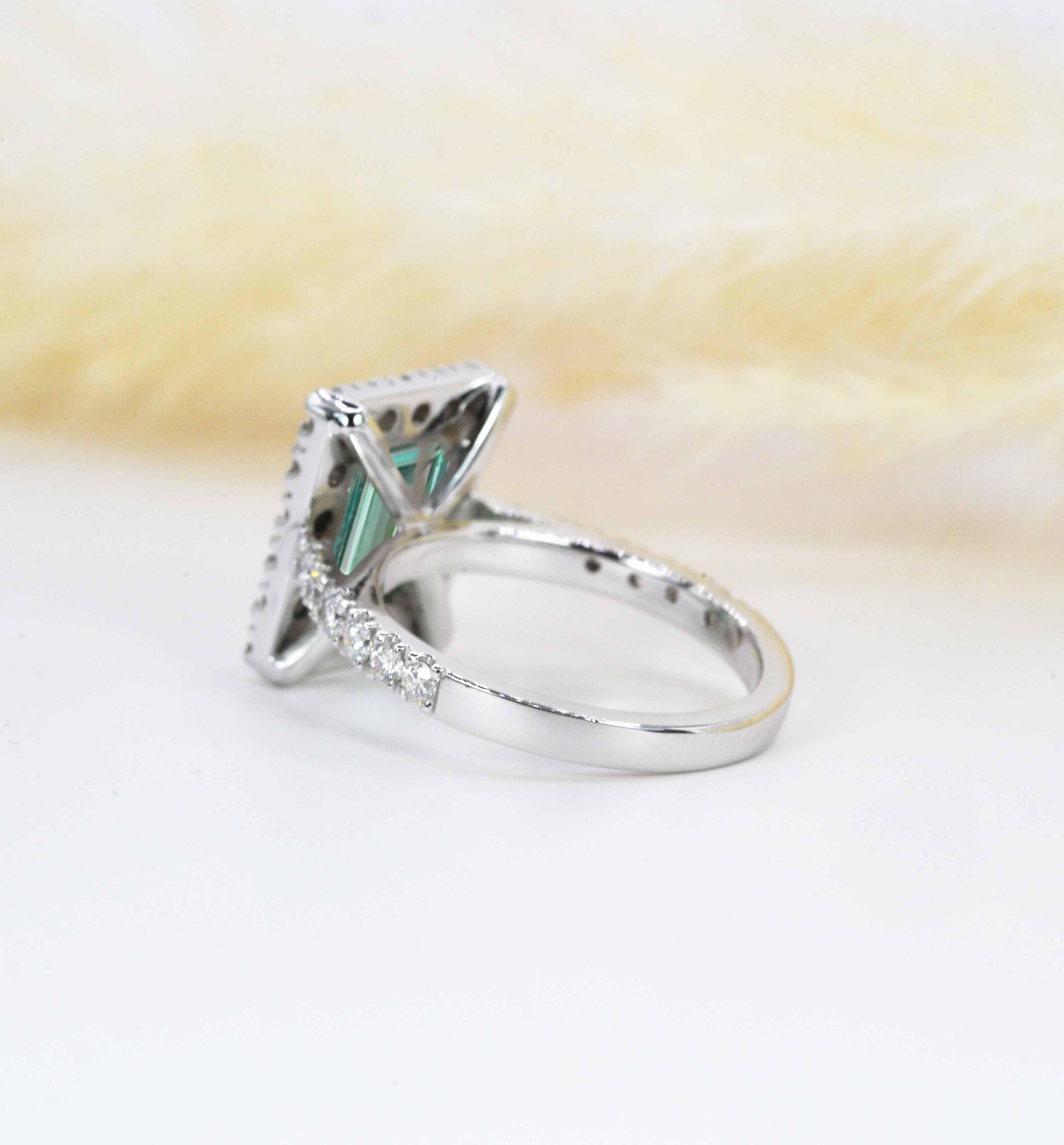 Emerald cut mint green sapphire ring in vintage style - DIORAH JEWELLERS