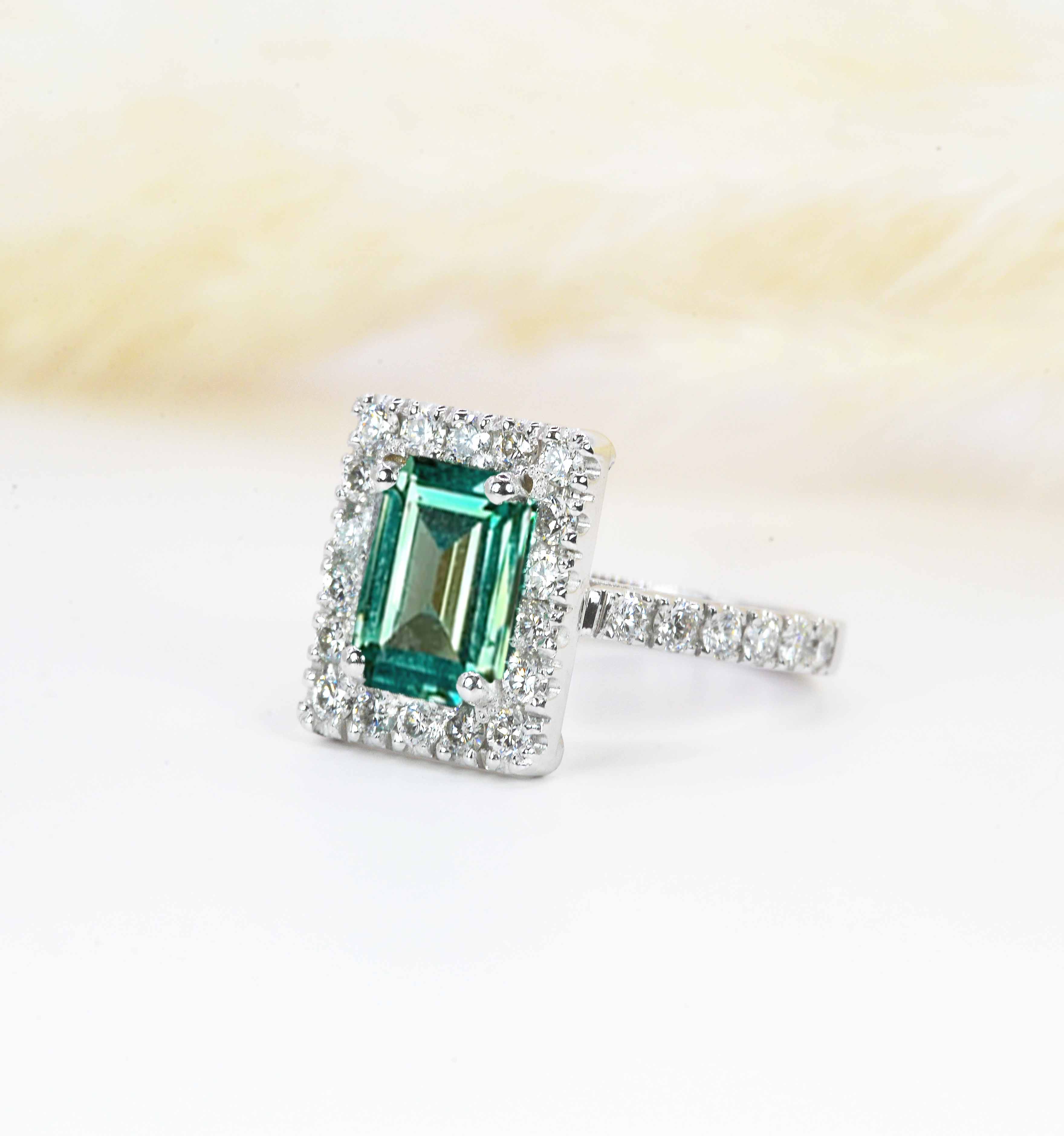 Emerald cut mint green sapphire ring in vintage style - DIORAH JEWELLERS