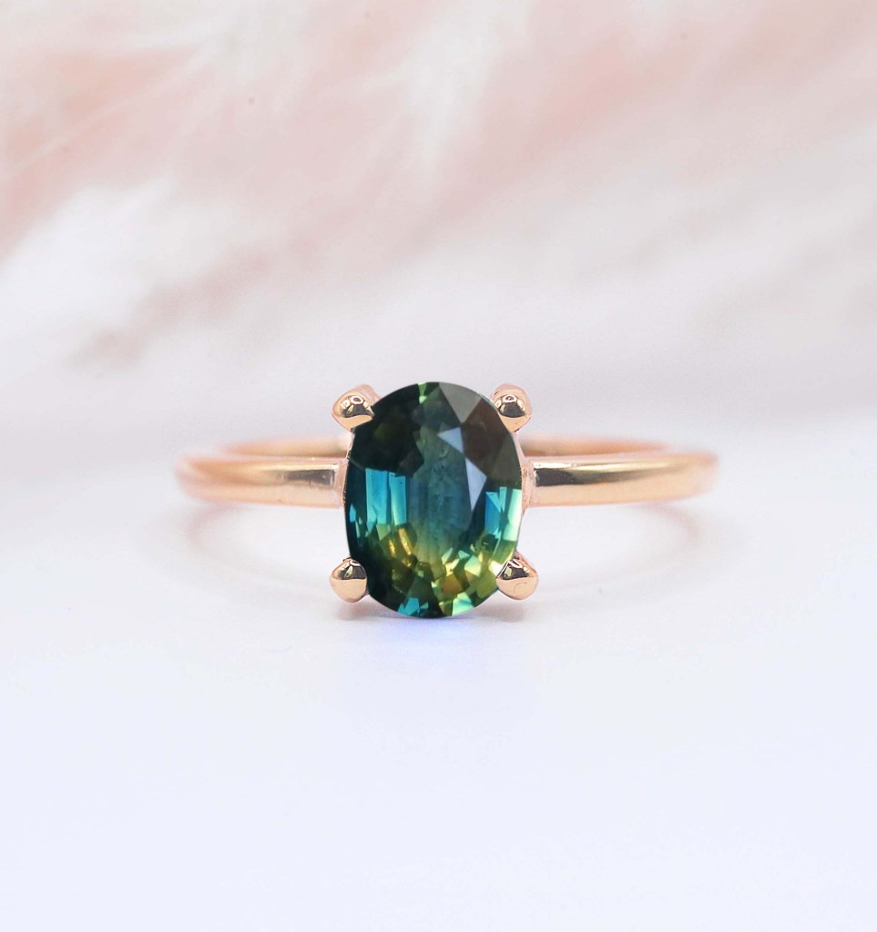 Oval teal sapphire ring and wedding band - DIORAH JEWELLERS