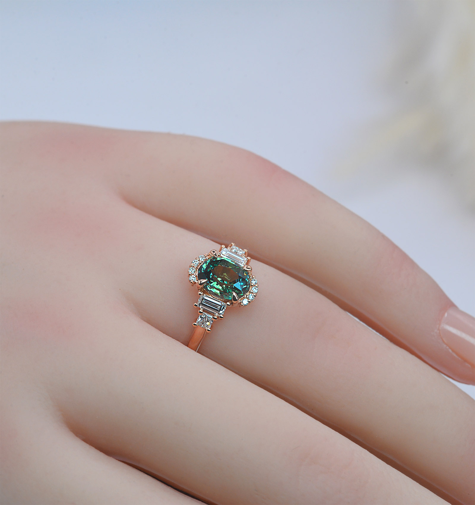Teal sapphire high engagement ring - DIORAH JEWELLERS