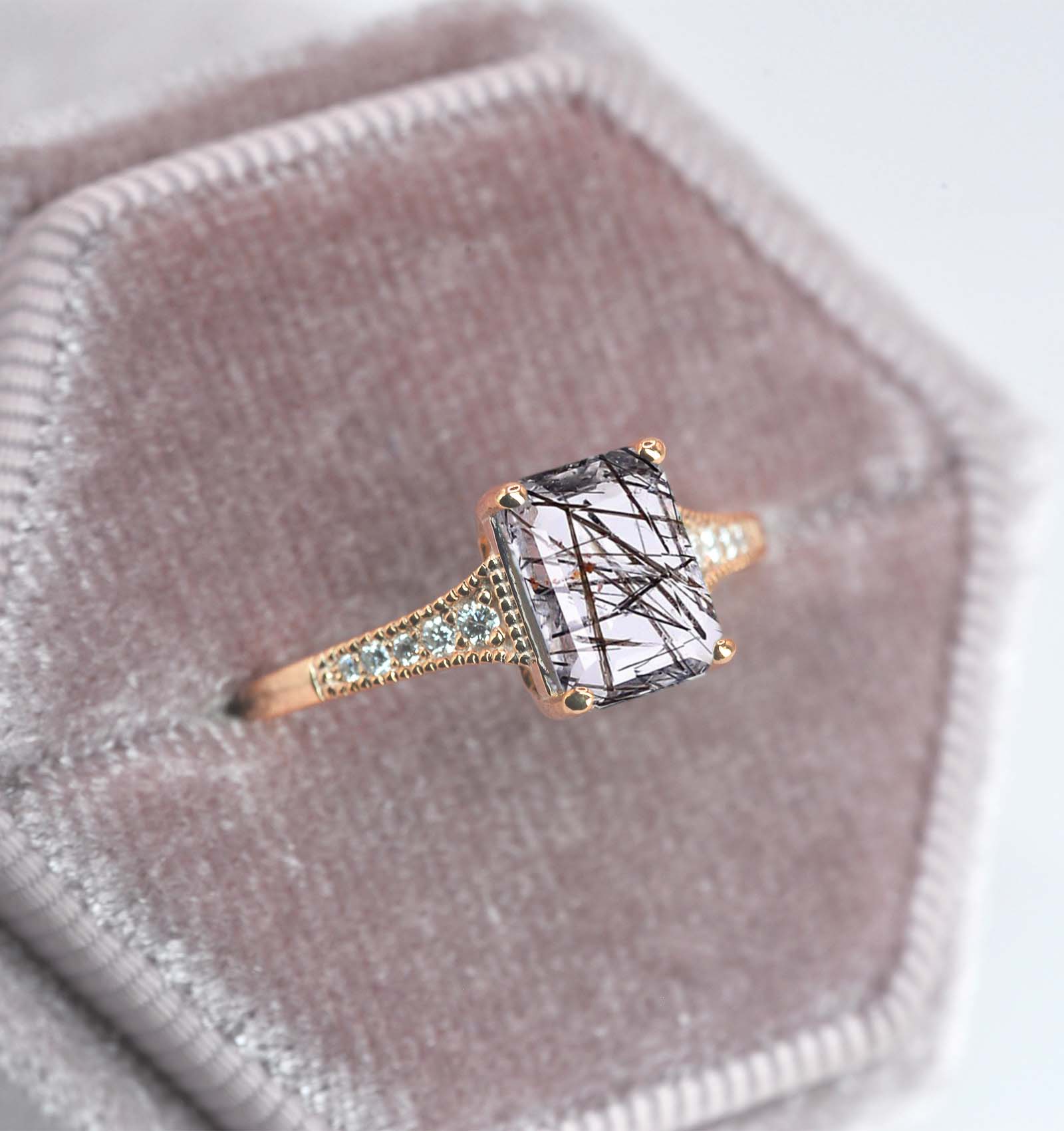 Emerald cut rutile art deco vintage ring - DIORAH JEWELLERS